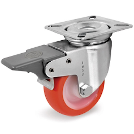 Roulette INOX pivotante à frein diamètre 60 mm roue polyuréthane rouge