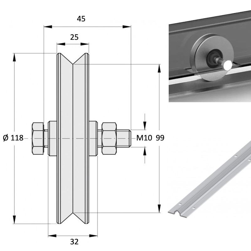 Roue à gorge en V diamètre 120 x 25 pour rail en V - 500 Kg