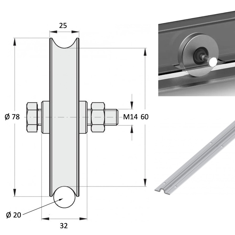 Roue à gorge ronde diamètre 80 x 20 pour rail rond de Ø16 - 200 Kg